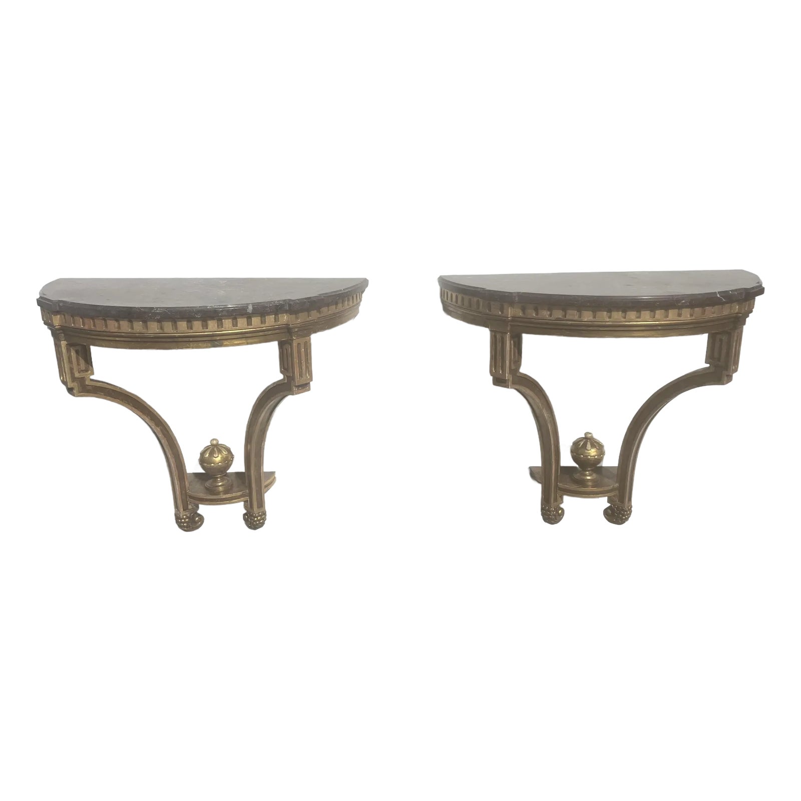 1920s Pair of Antique Wall-Mounted Console Tables, Marble Tops, Wood ...