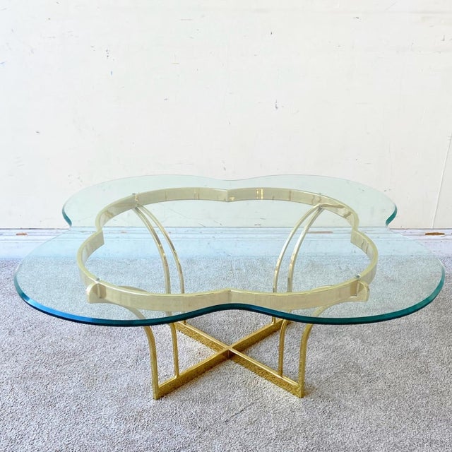 Hollywood Regency Clover Cloud Glass and Gold Coffee Table | Chairish