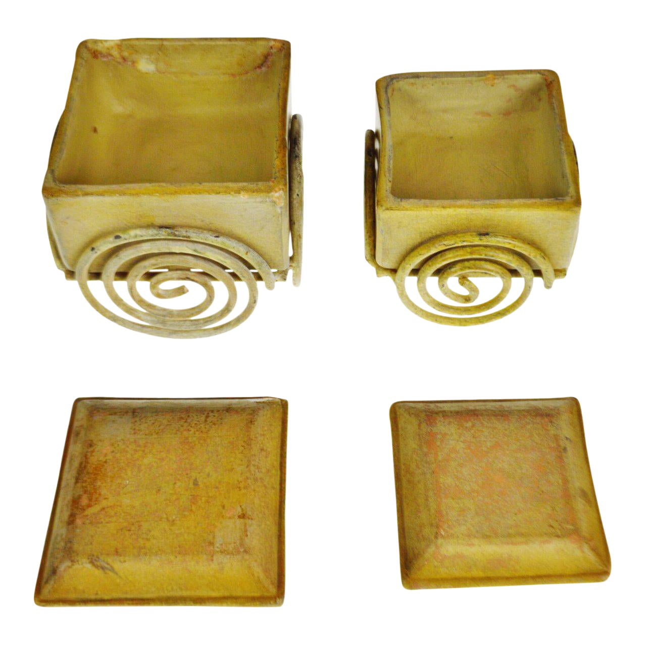 Vintage Terracotta Clay Lidded Boxes on Metal Bases - a Pair | Chairish