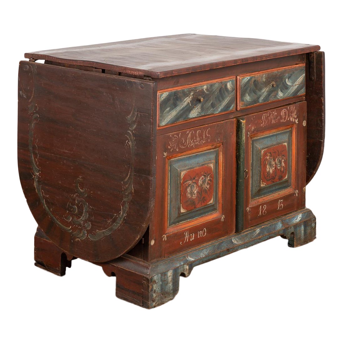 Original Hand-Painted Drop Leaf Table Cabinet Sideboard, Sweden Dated ...