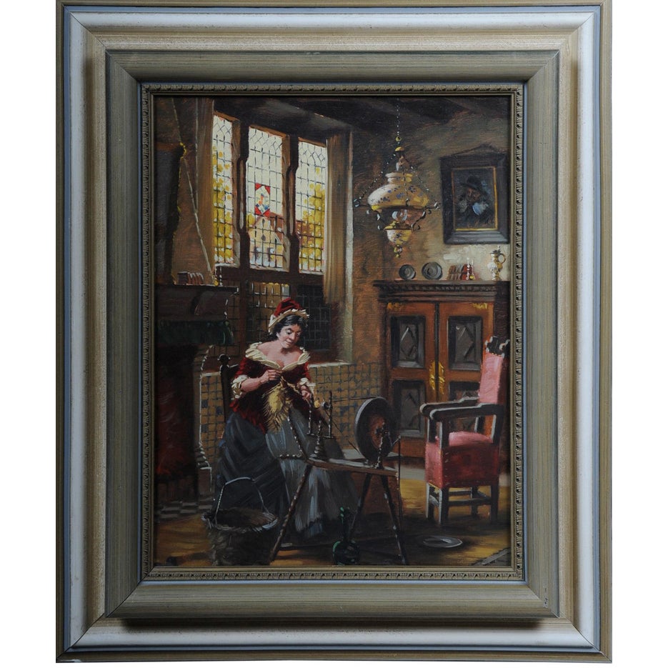 Lady at the Spinning Wheel, 20th Century, Oil on Canvas, Framed | Chairish