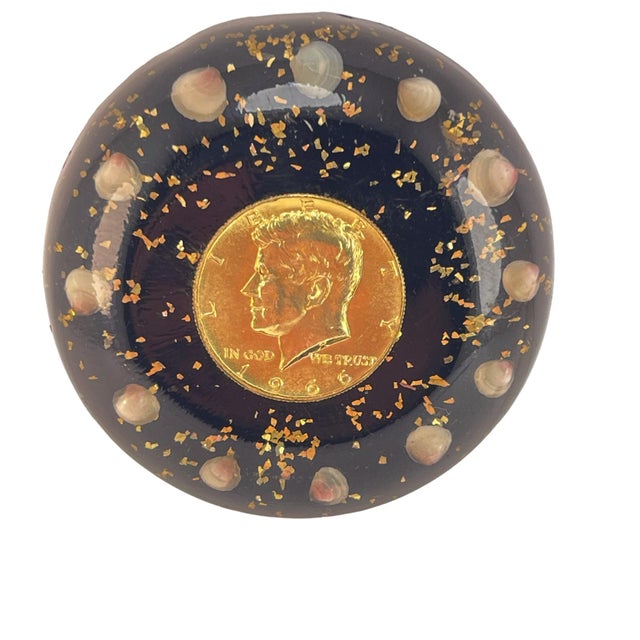 Lucite Paper Weight, 1966 Gold Plated, Kennedy Half Dollar | Chairish