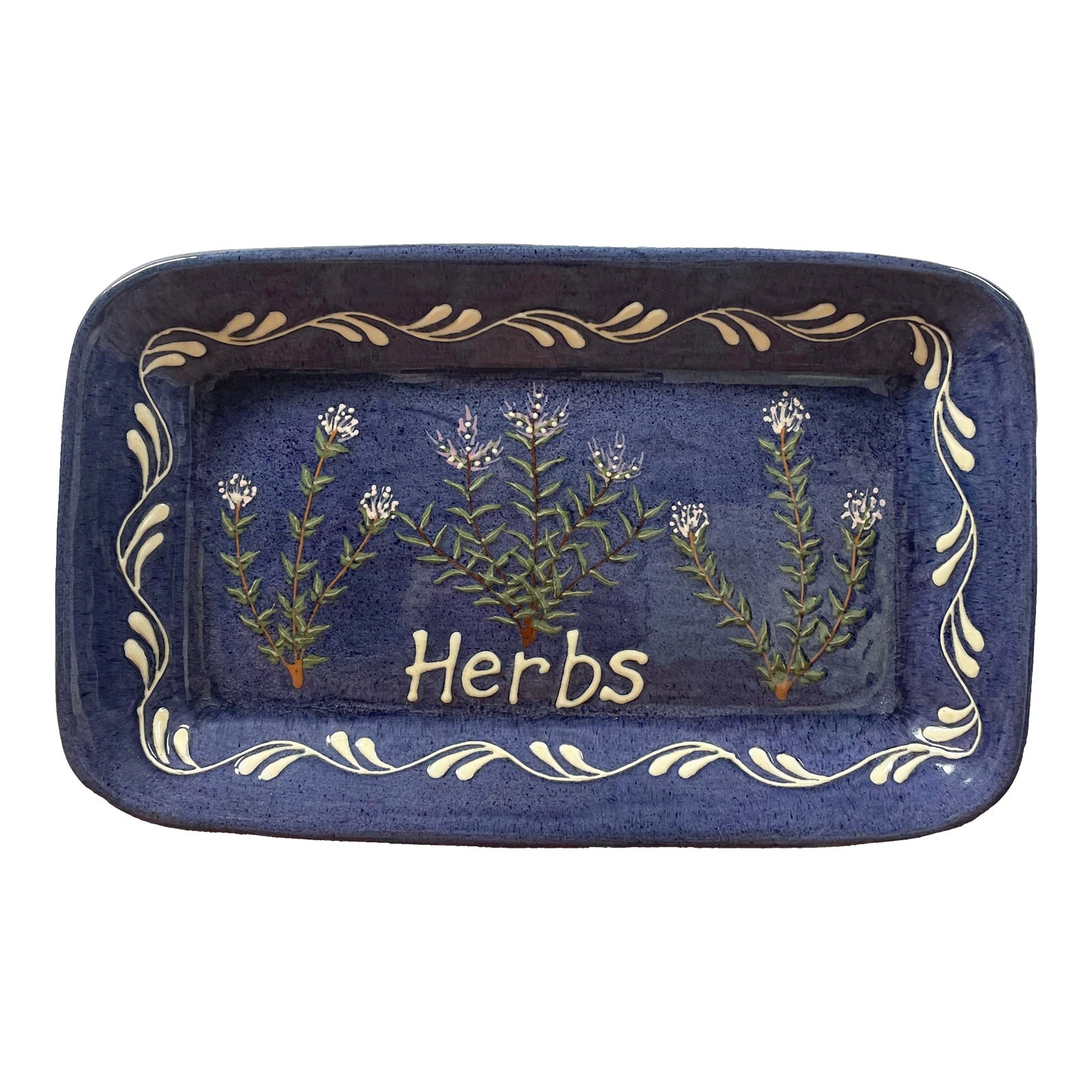 1990s Handmade Redware Pottery Navy Blue Herb Serving Platter - Signed ...