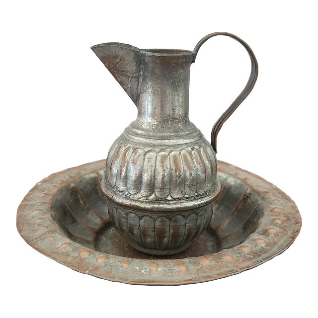 Antique Handmade Hammered Copper Silvered Bowl and Pitcher, Egypt ...