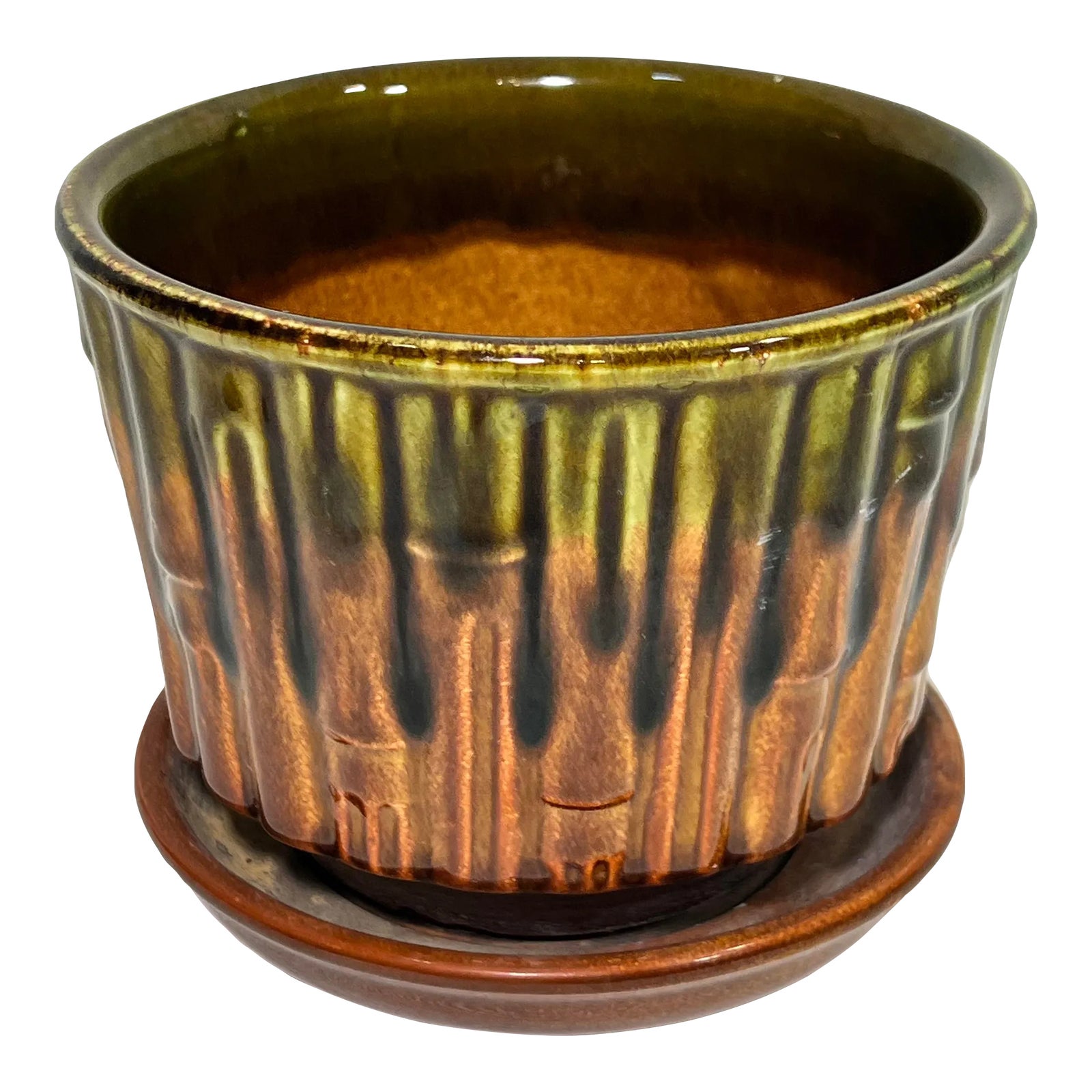 Mid-Century McCoy Pottery Drip Glazed Faux Bamboo Planter | Chairish