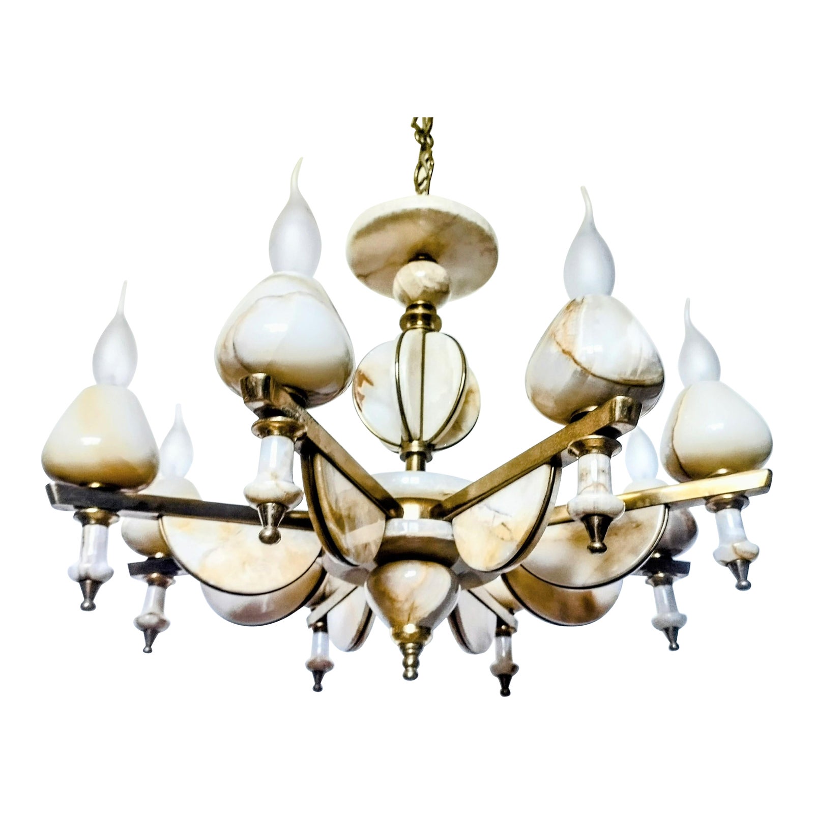 Vintage Italian Honey Onyx Marble Brass Chandelier 80s Lighting | Chairish