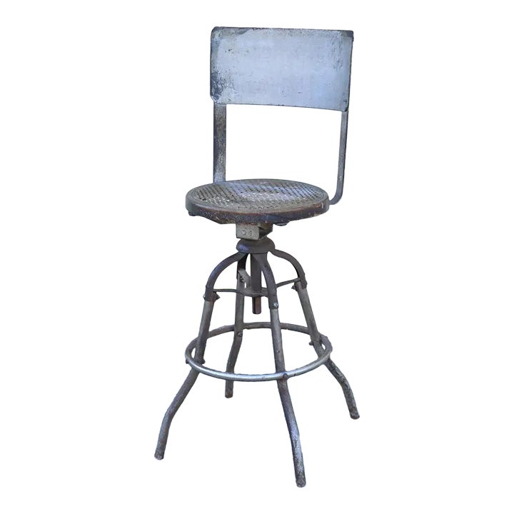 Antique American Industrial Metal Drafting Work Stool With Oak and Cane ...