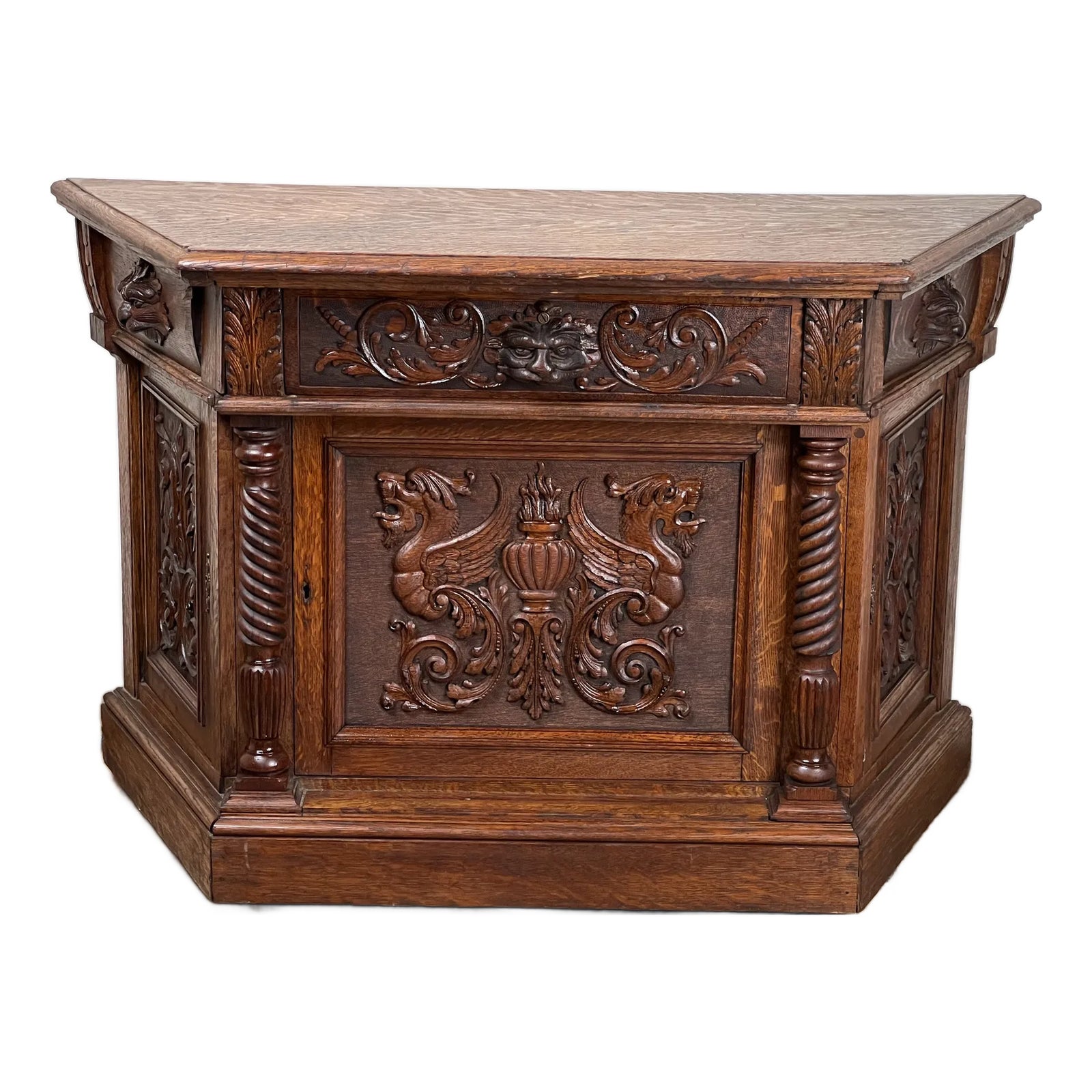 Antique Gothic Revival Tiger Oak Green Man Cabinet C. 1910 | Chairish