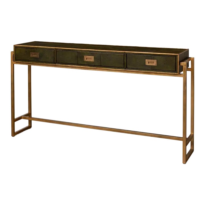 Modern Campaign Green Leather Wrapped Console Table | Chairish