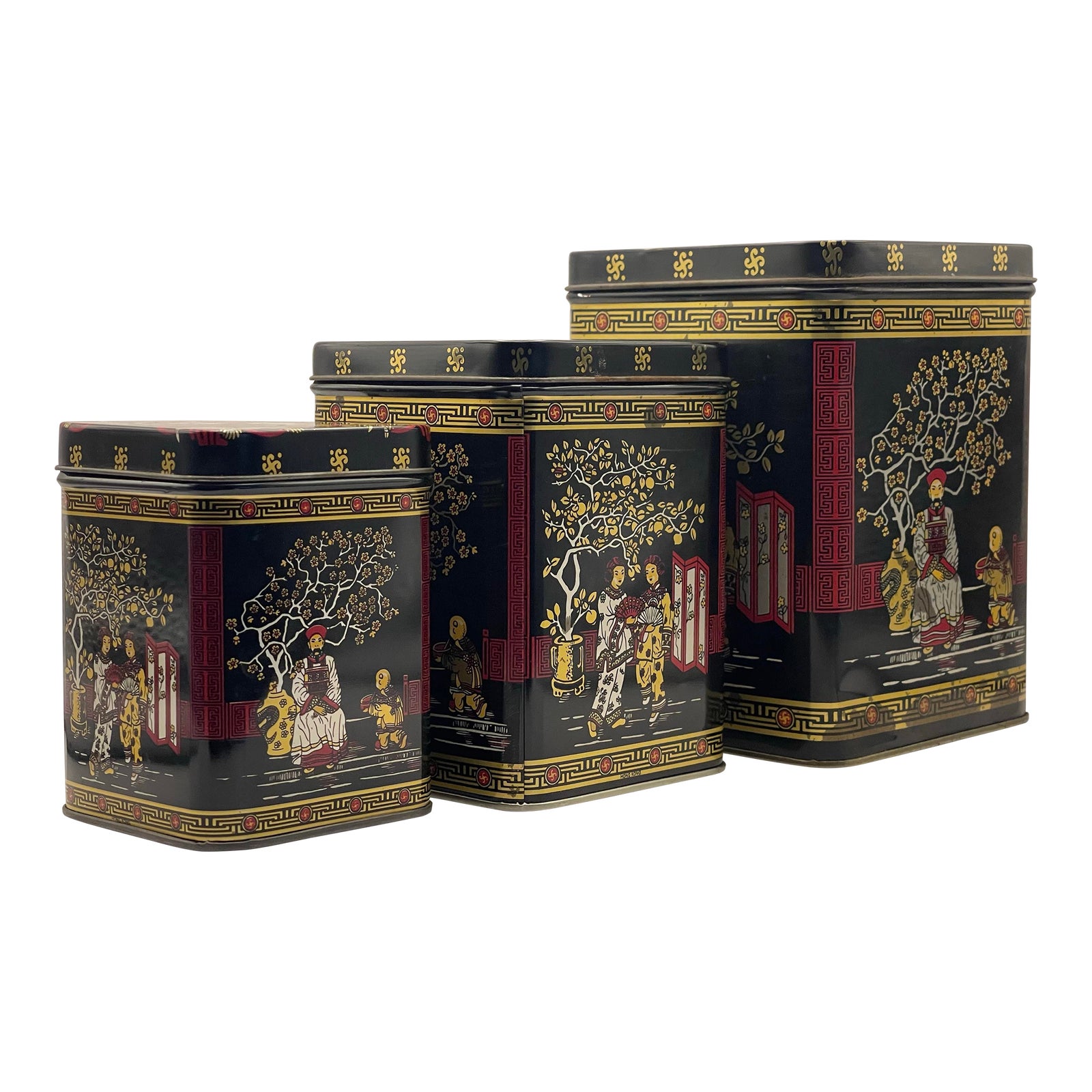 Mid 20th Century Asian Black & Gold Nesting Tins- A Set of 3 | Chairish