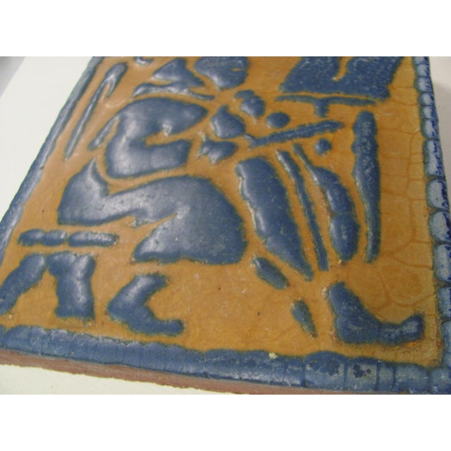 Rare Grueby Pottery 6" X 6" Fiddler Tile in Blue and Yellow Glazes 1905 ...