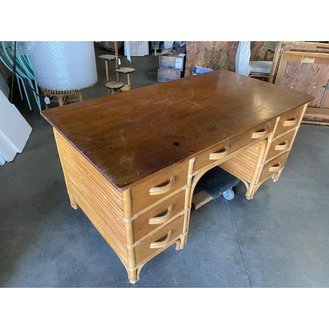 1950s Restored Stacked Rattan Executive Desk W/ Solid Mahogany Top ...