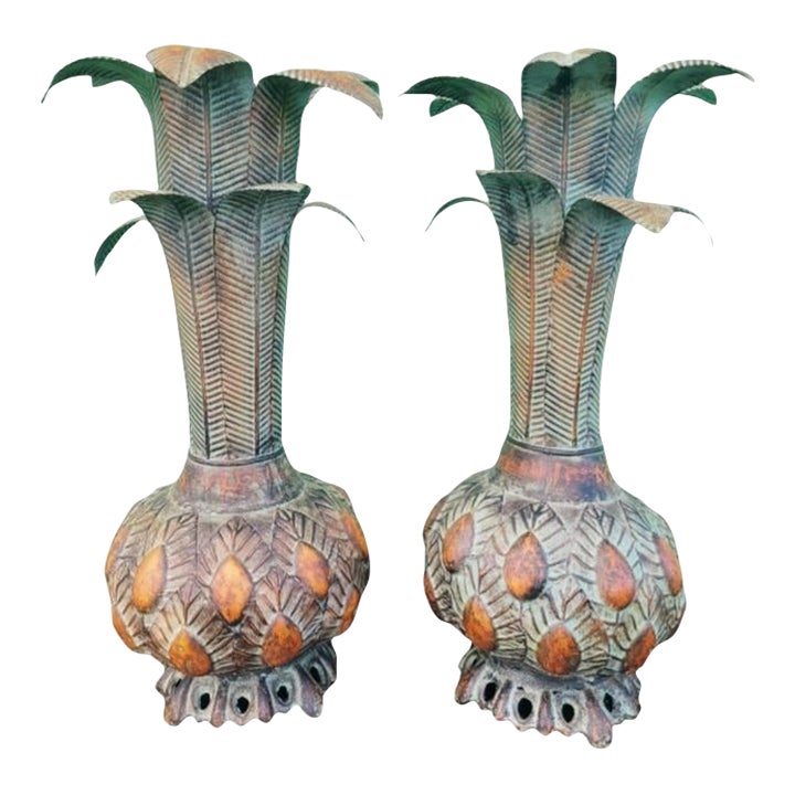 Tall Metal Verdigris Rust Palm Leaf Floral Vase Urns Vessels- a Pair ...