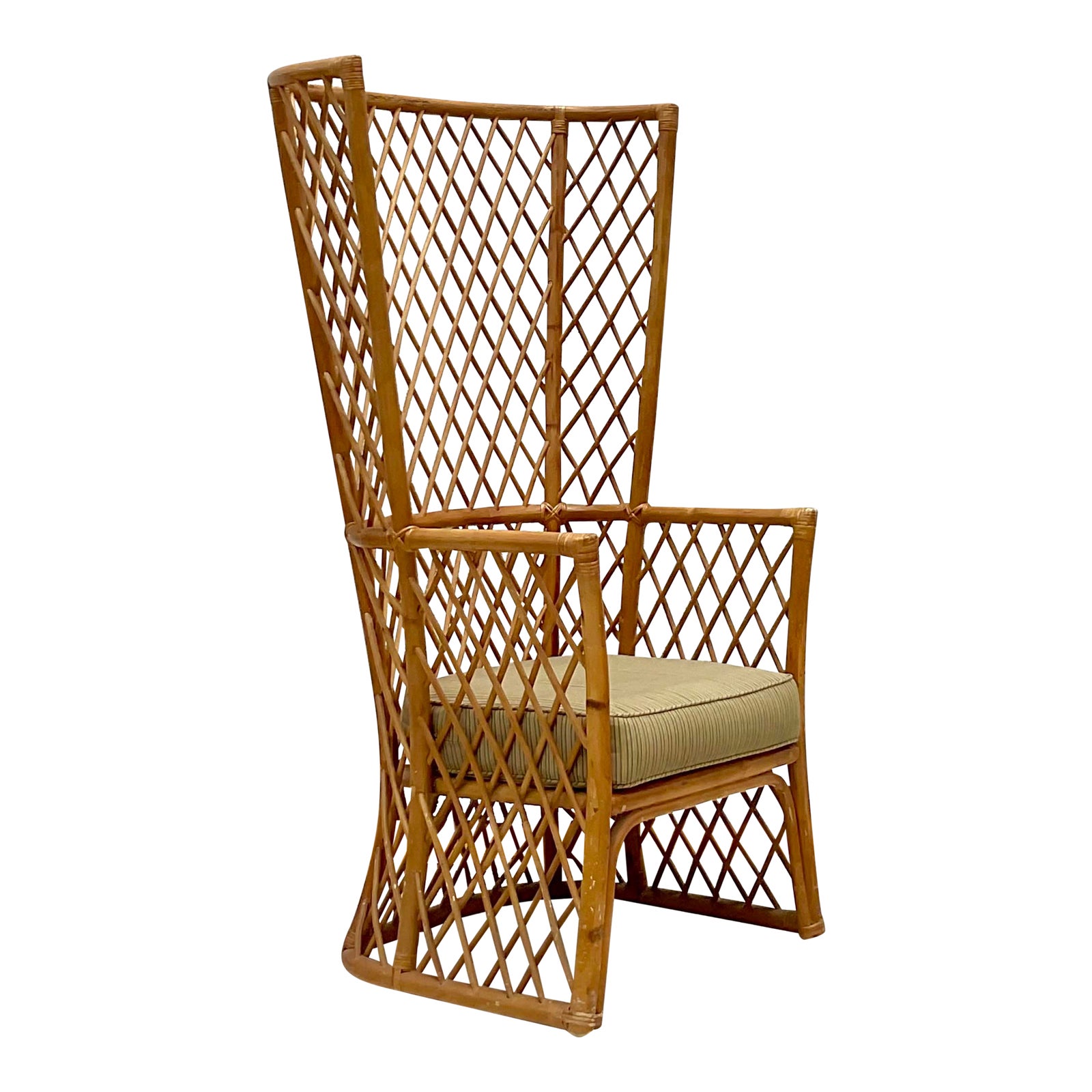 Vintage Coastal Trellis Rattan Wingback Chair | Chairish