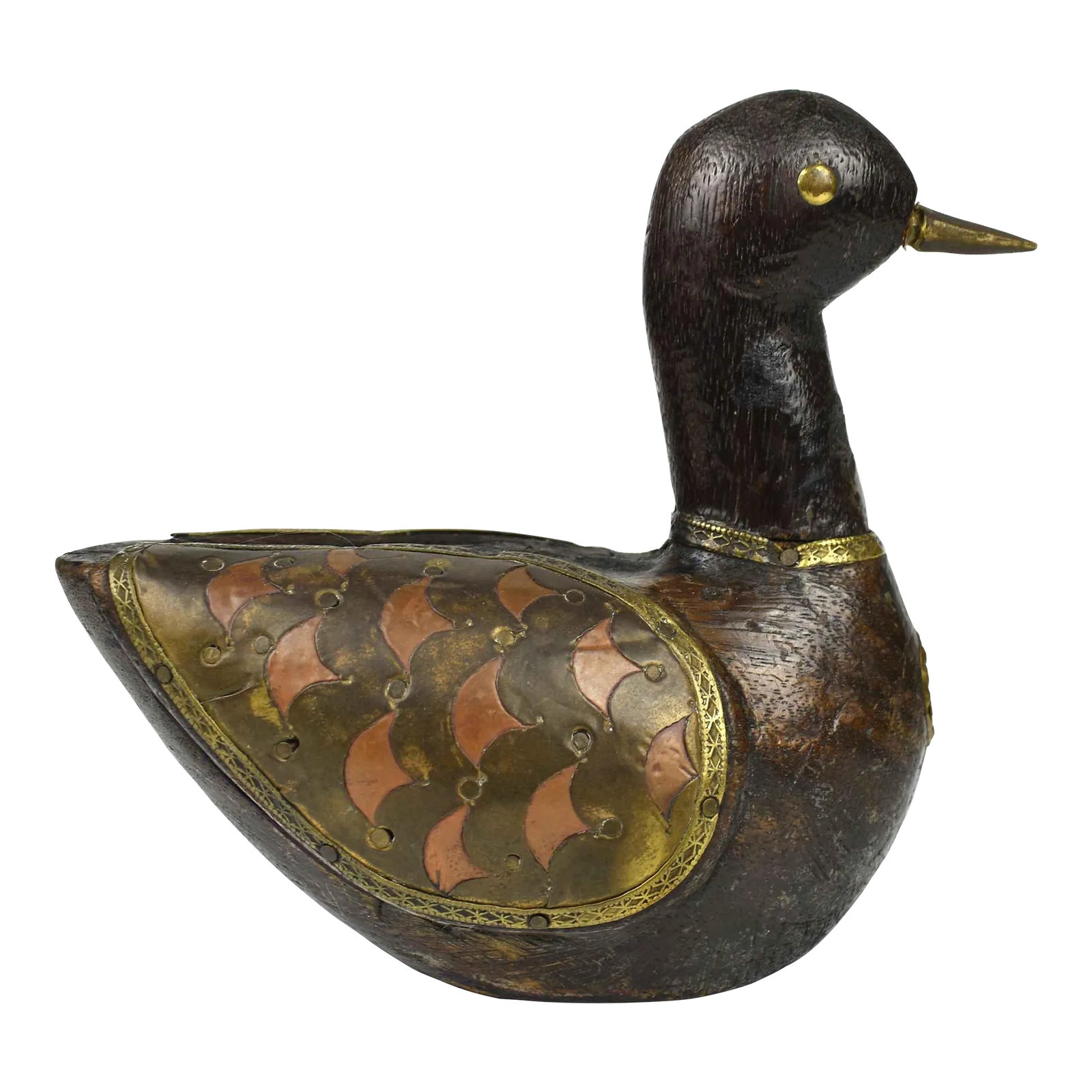 Mid 20th Century Solid Wood Carved Duck Bird Embellished With Copper ...