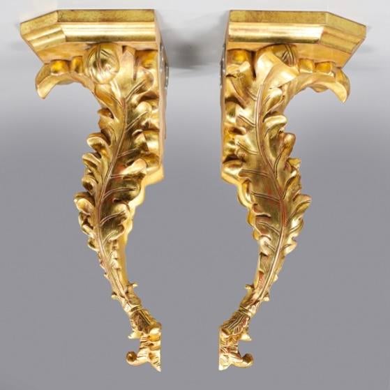 Late 20th Century Rococo Carved Wood & 23k Gilt Wall Brackets, Corbels ...