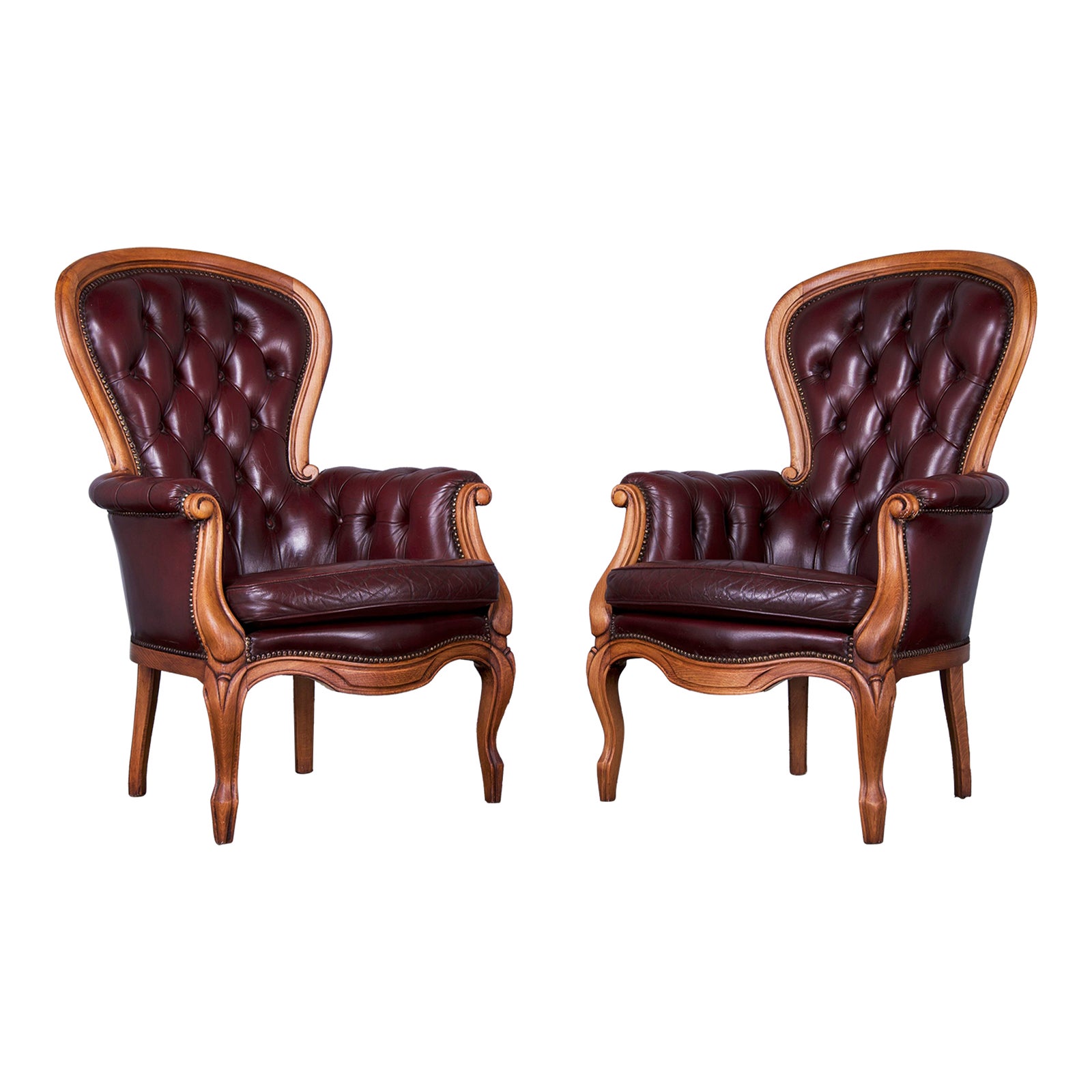 Antique French Louis XV Style Maple Armchairs W/ Buttoned Burgundy ...