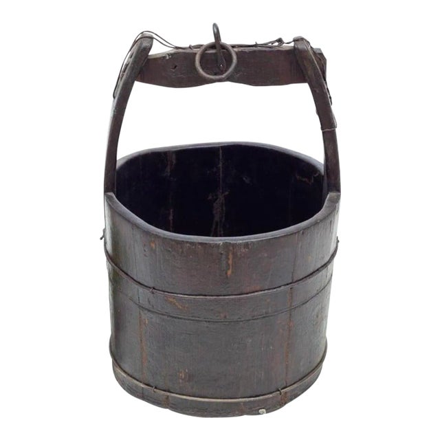 19th Century Rustic Iron Bound Wooden Well Water Bucket | Chairish