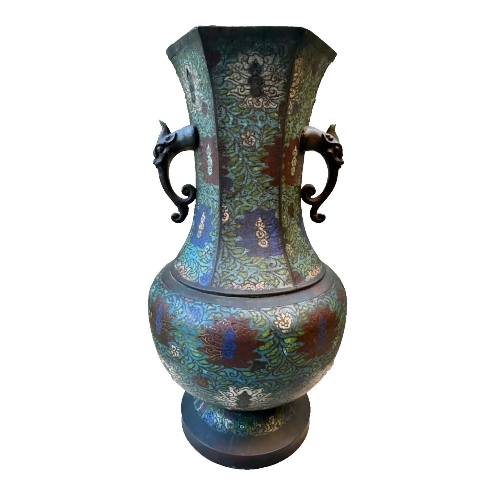 Antique Large Ming Dynasty Bronze Cloisonne Vase With Dragon Handles ...