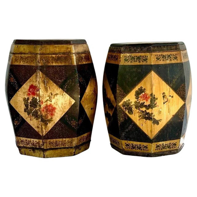 Pair of Antique Chinese Wood Hand Painted Rice Barrels. | Chairish