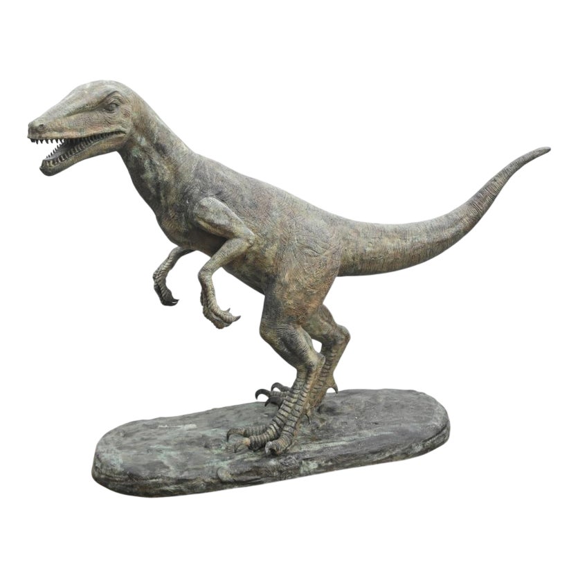 Lifesize Bronze Velociraptor Dinosaur Statue | Chairish