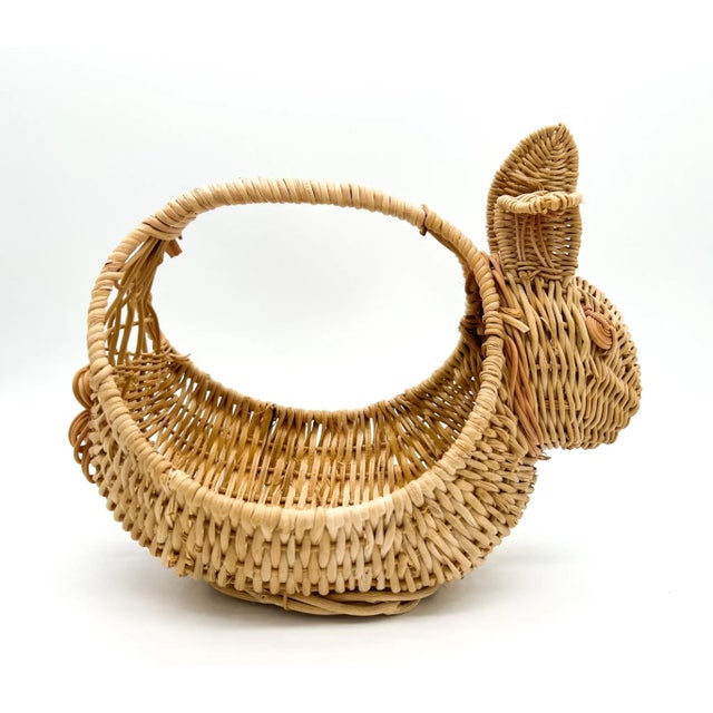 Late 20th Century Vintage Boho Chic Wicker Rabbit Bunny Basket | Chairish