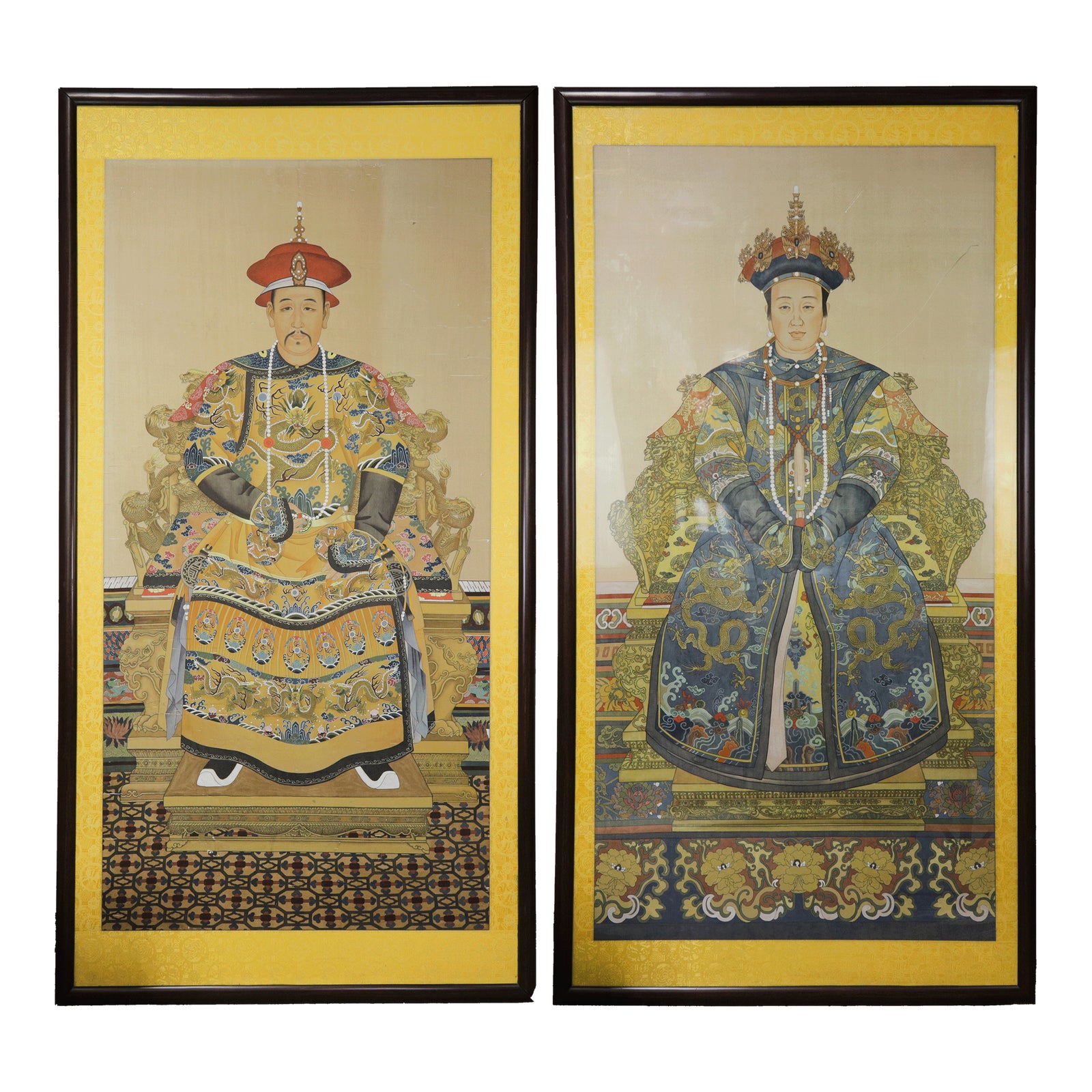 Pair of Vintage Chinese Imperial Ancestor Portraits on Silk: Qing ...