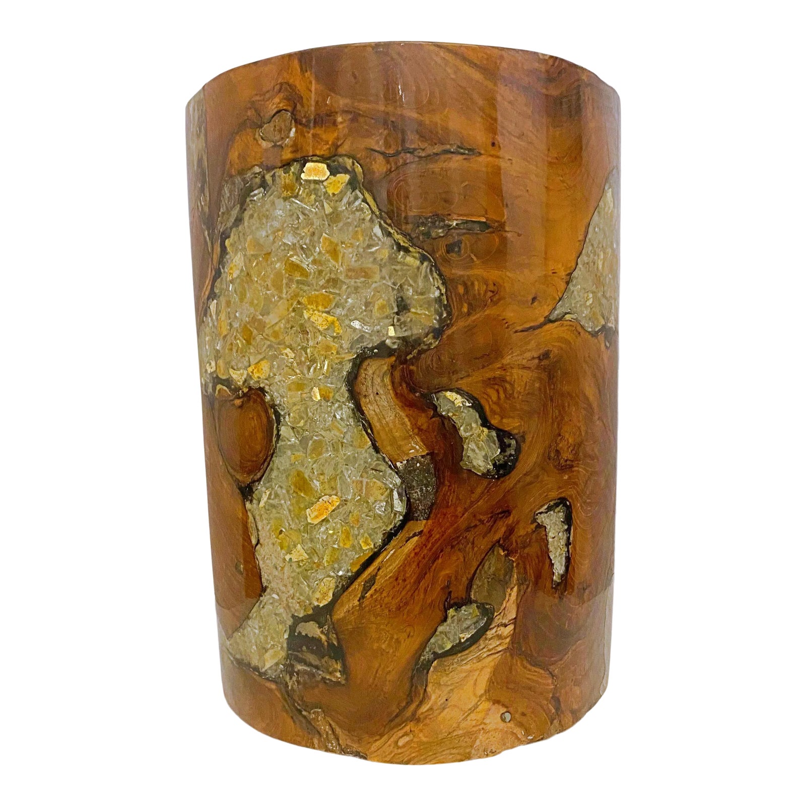 1990s Vintage Crushed Amber Glass and Resin Teak Wood Stool | Chairish