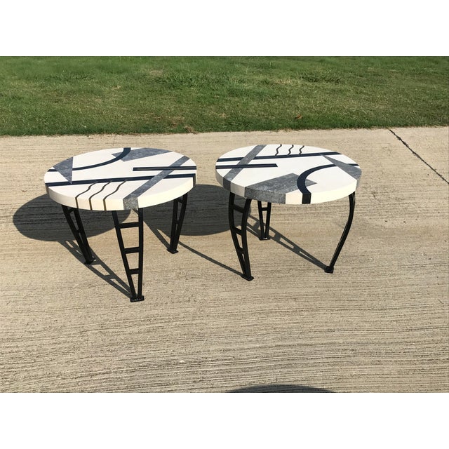 Memphis Marble and Brass Inlay End Tables - a Pair | Chairish