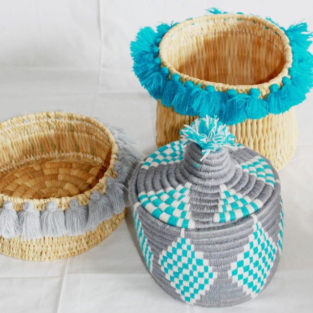 Moroccan Jane Woven Gray and Turquoise Straw Basket | Chairish