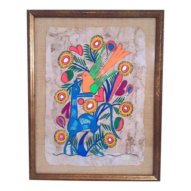 Vintage 1960’s Mexican Folk Art Painting on Bark - Framed | Chairish