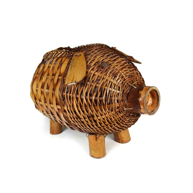Mid 20th Century Hand Woven Wicker and Bamboo Large Pig Basket | Chairish