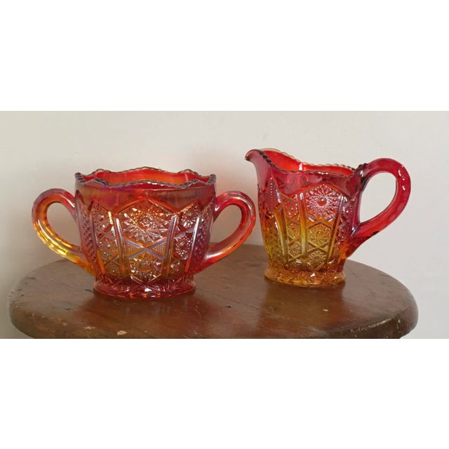 Mid 20th Century Iridescent Red Sunrise Glass Cream Pitcher and Loving ...
