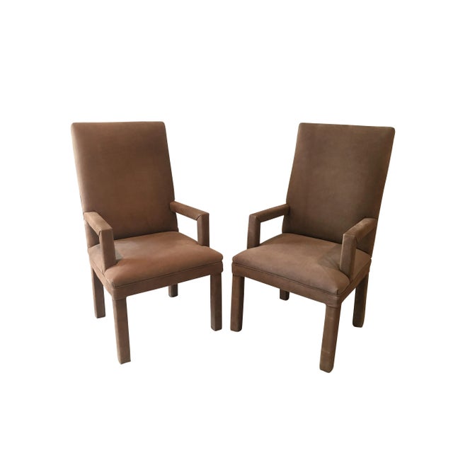 Sueded Leather Parsons Arm Chairs - a Pair | Chairish