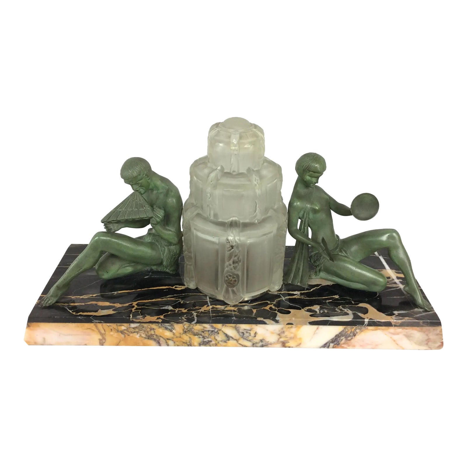 Marius-Ernest Sabino French Art Deco Table Lamp and Marble Garniture ...