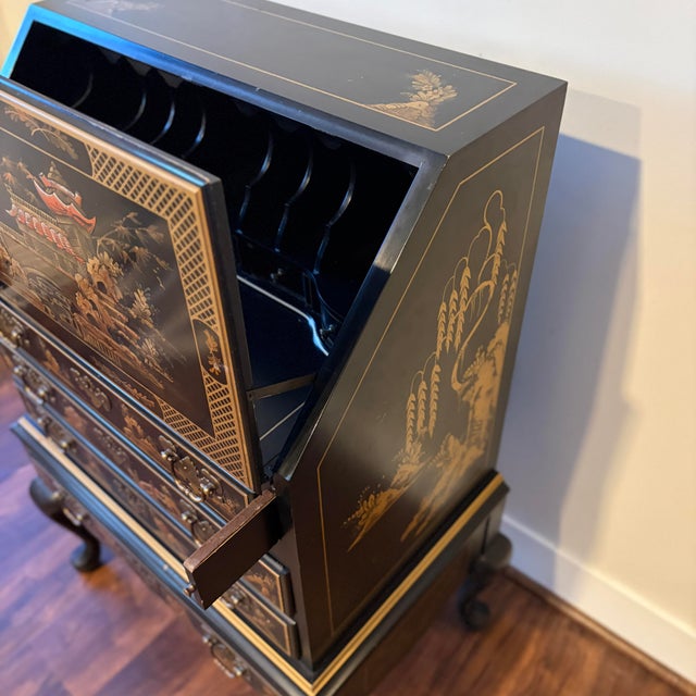 Vintage Maddox Chinoiserie Black Lacquer Secretary Desk | Chairish