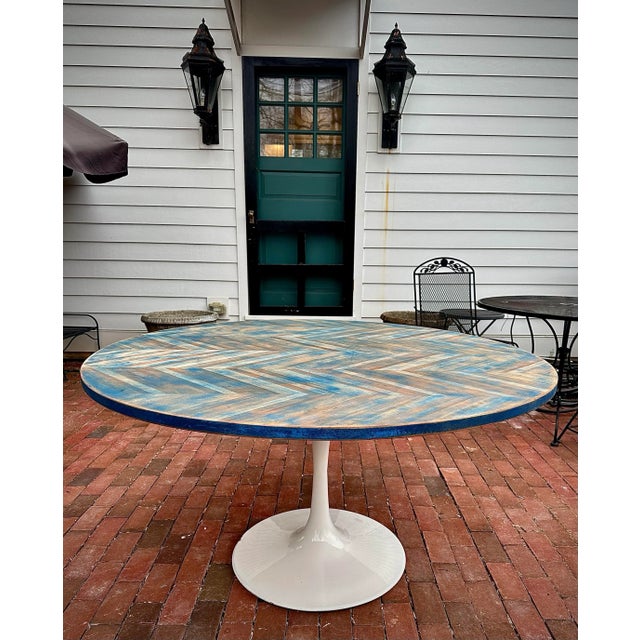 Tulip Base Dining Table With Custom Chevron Top | Chairish