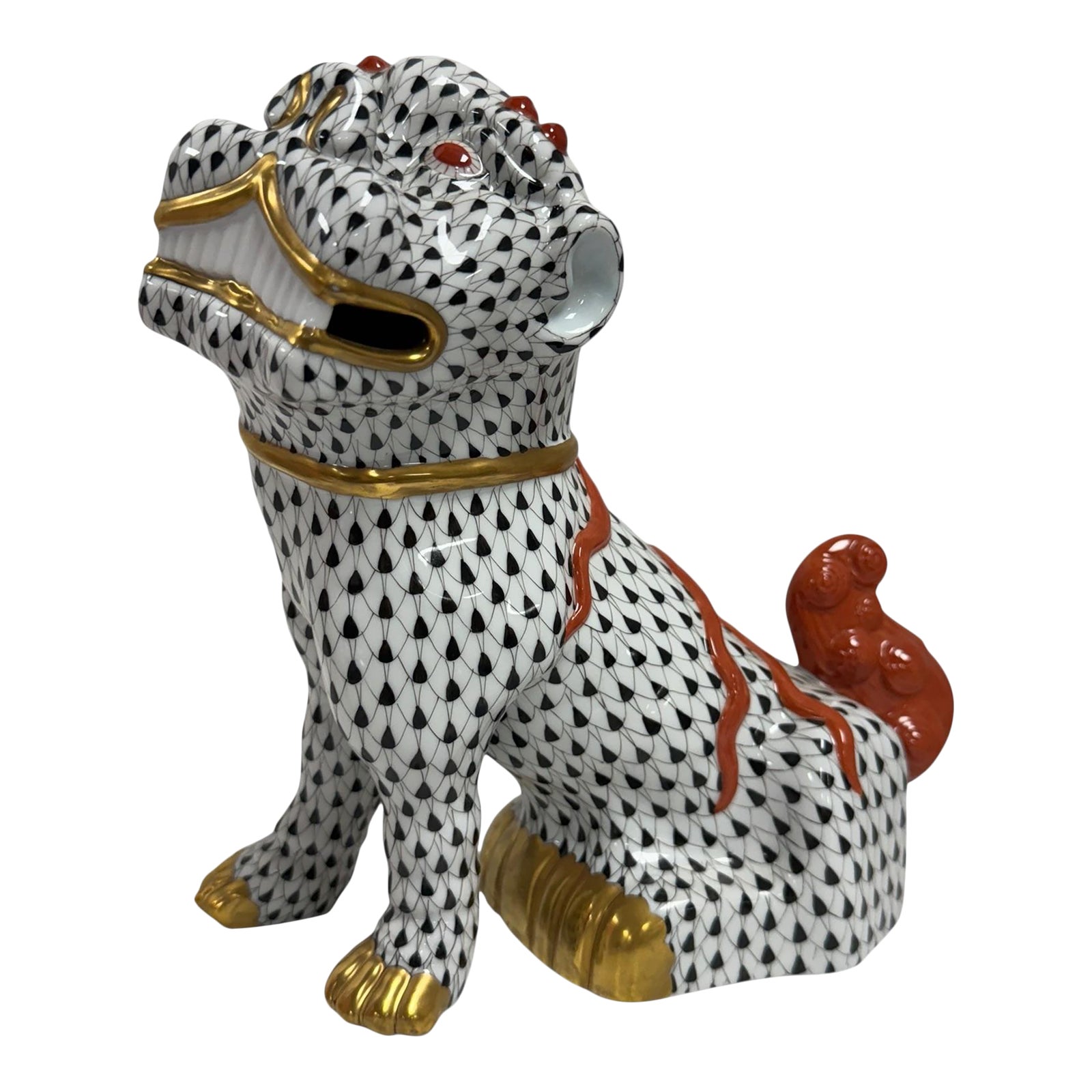 1980s Herend Hungary Large Foo Dog Black Fishnet With Rust Color Accent ...