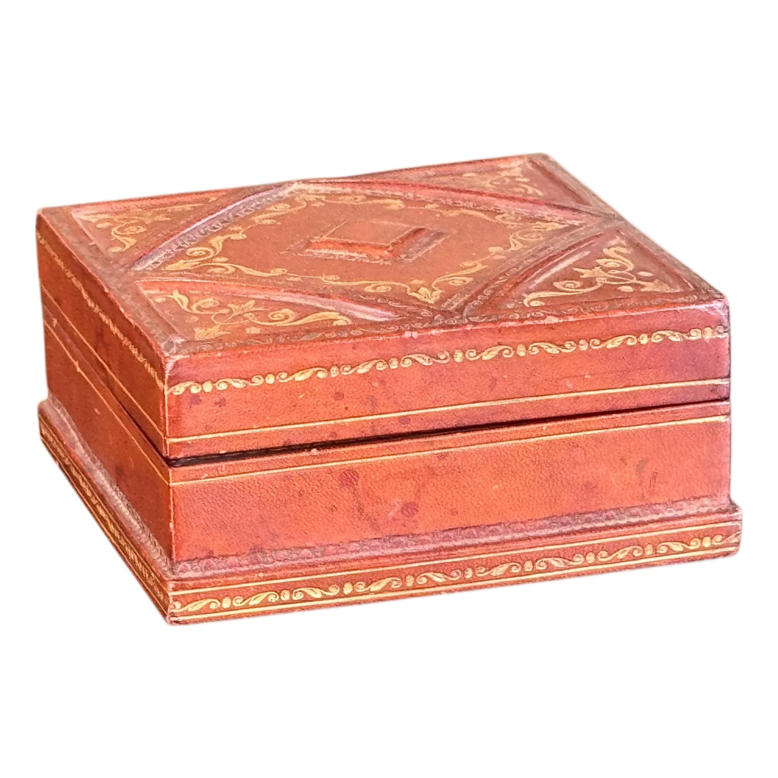 1950s Brown Leather Box With Gilt Decoration | Chairish