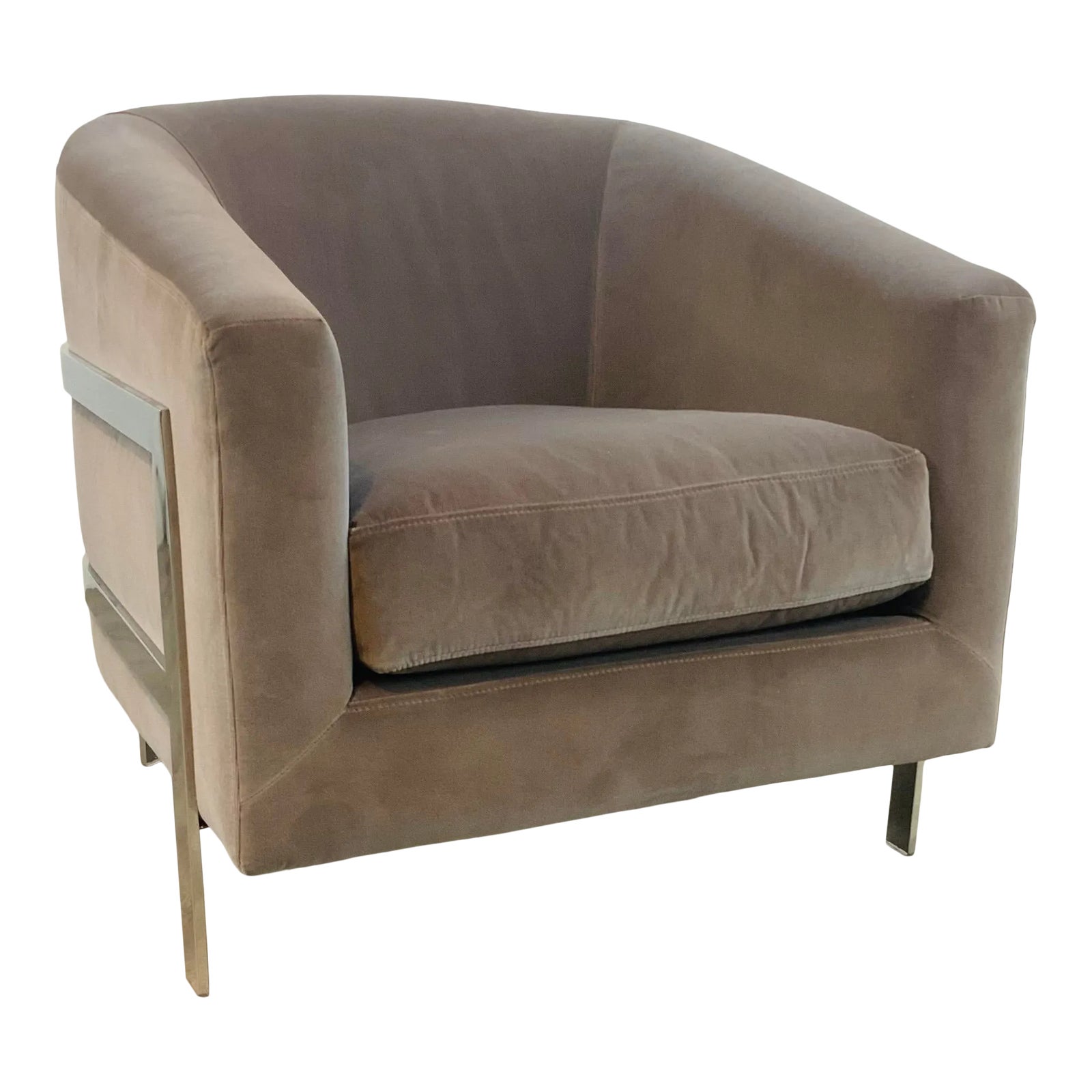 Modern Curved Back Taupe/Gray Velvet Club Chair | Chairish