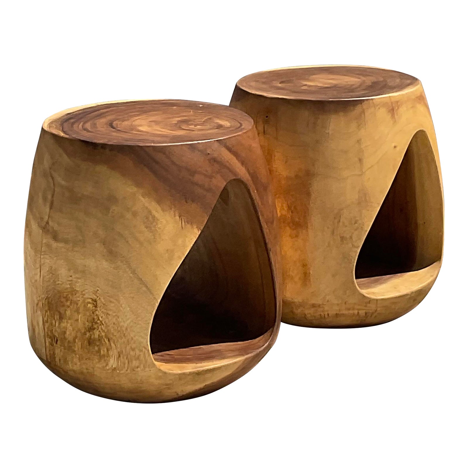 Vintage Boho Carved Stump Low Stools - a Pair | Chairish