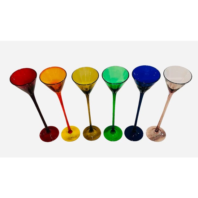 Vintage Colorful Stemware 10" Tall Glass Flutes Set of 6 | Chairish