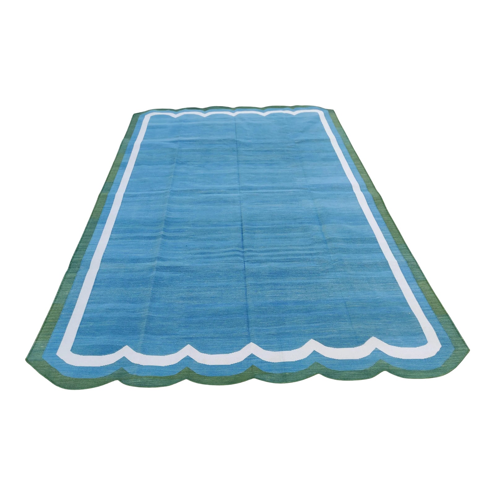 Handmade Cotton Vegetable Dyed Scalloped Edge Rug Teal Blue With Cream ...