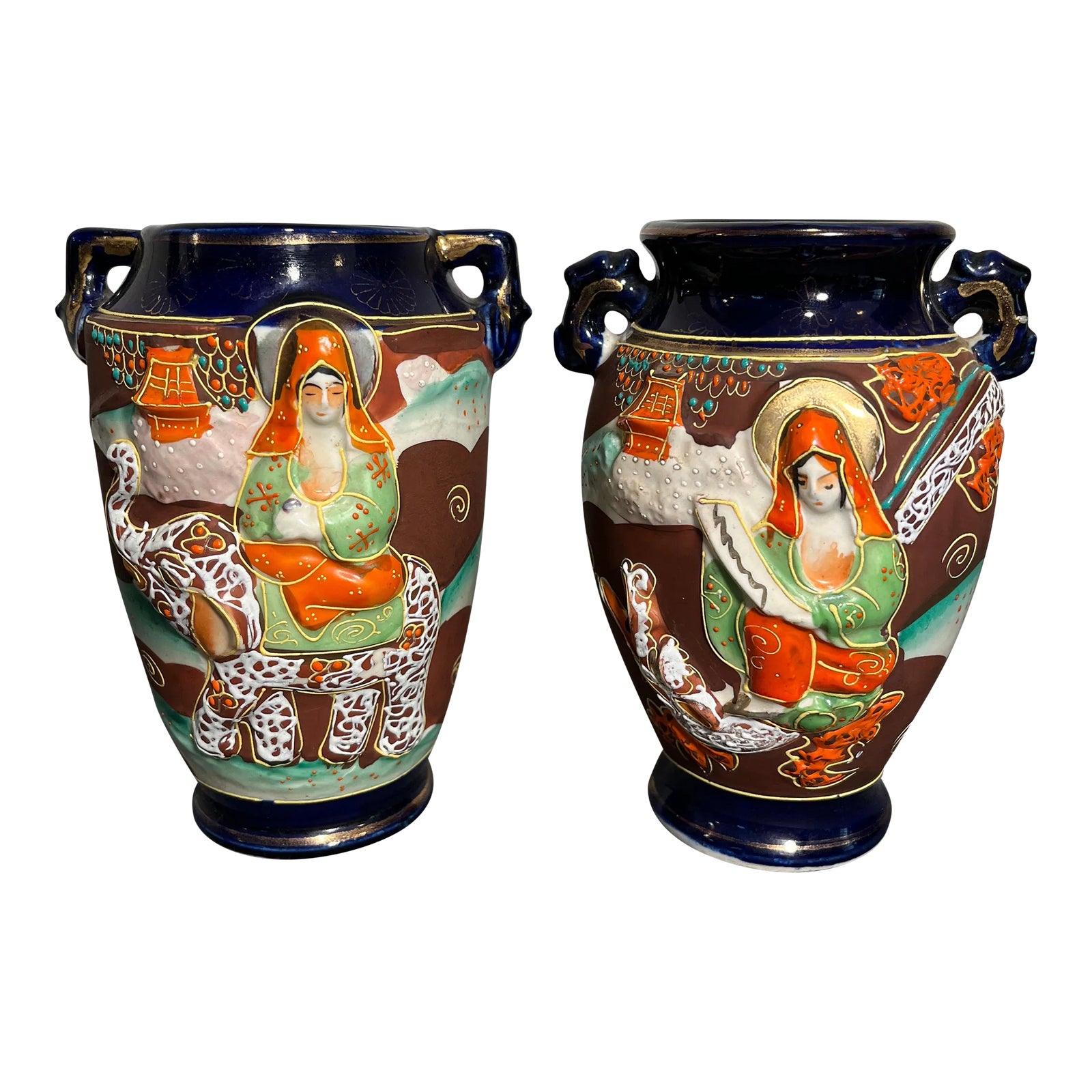 Vintage Pair of Japanese Satsuma Morriage Decorated Vases | Chairish