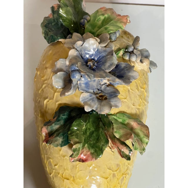 Vintage Made in Italy Majolica Barbotine Applied Flower Vase | Chairish