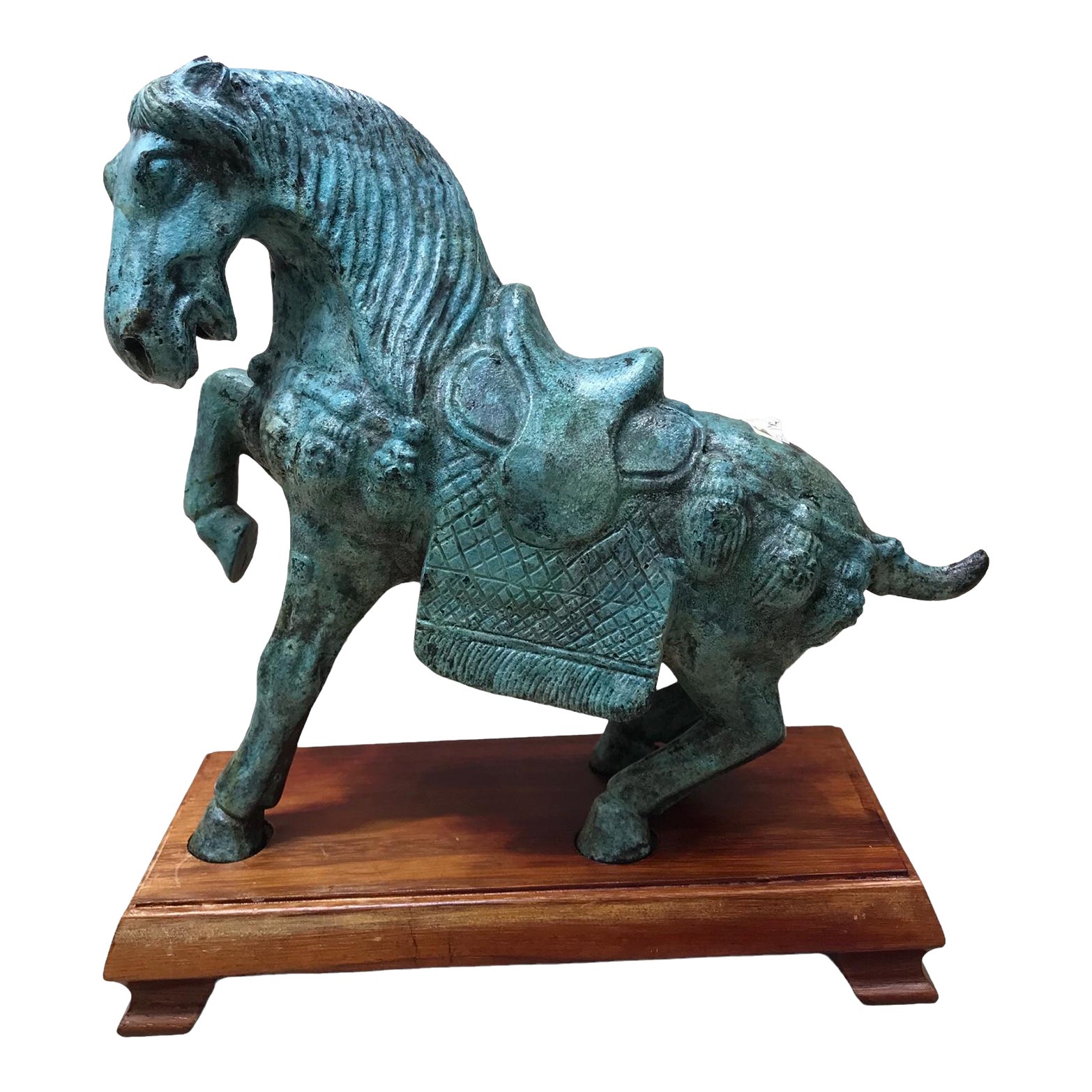 Pair of Asian Bronze Horses on Wood Bases | Chairish