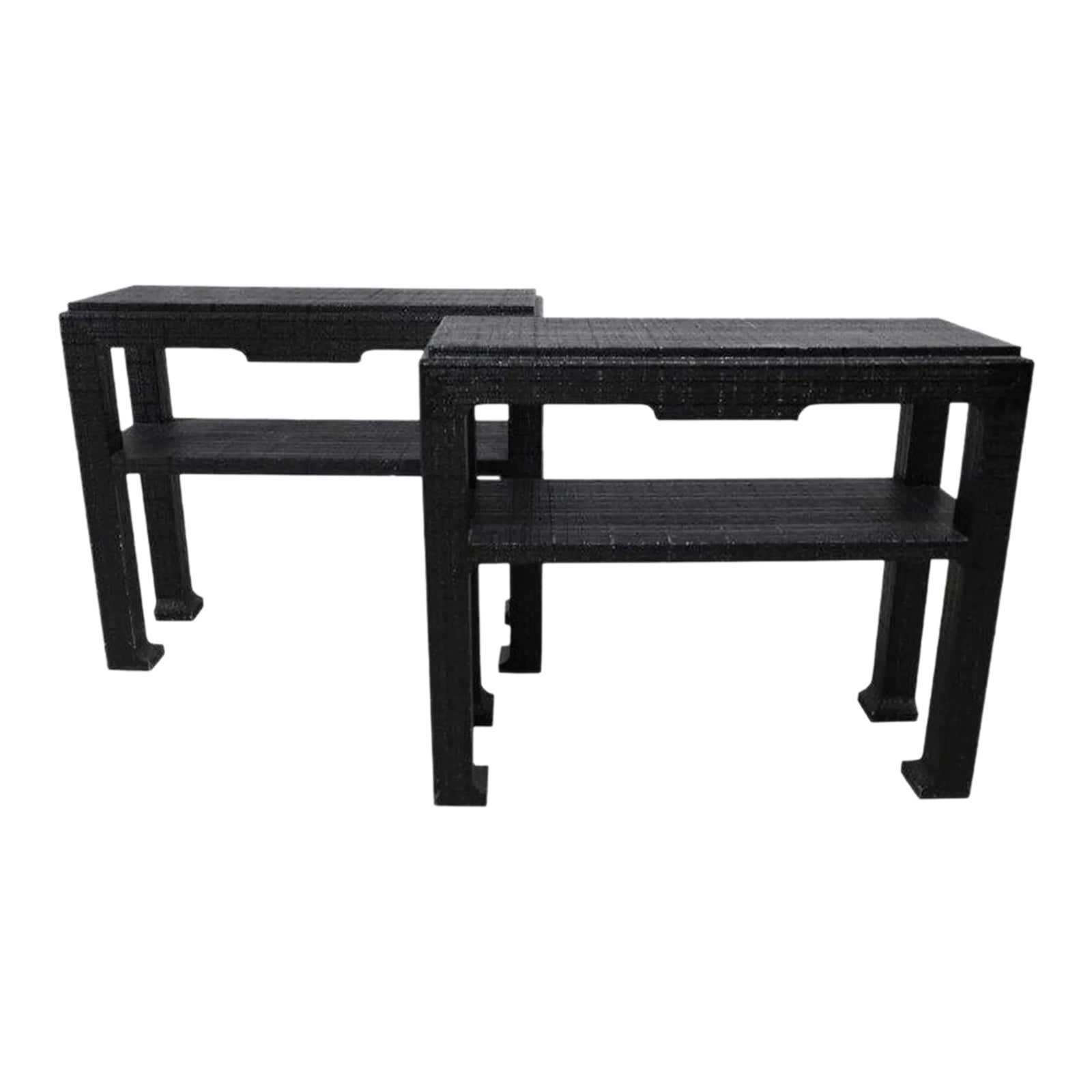 Pair of Karl Springer Manner Raffia Black Console Tables | Chairish