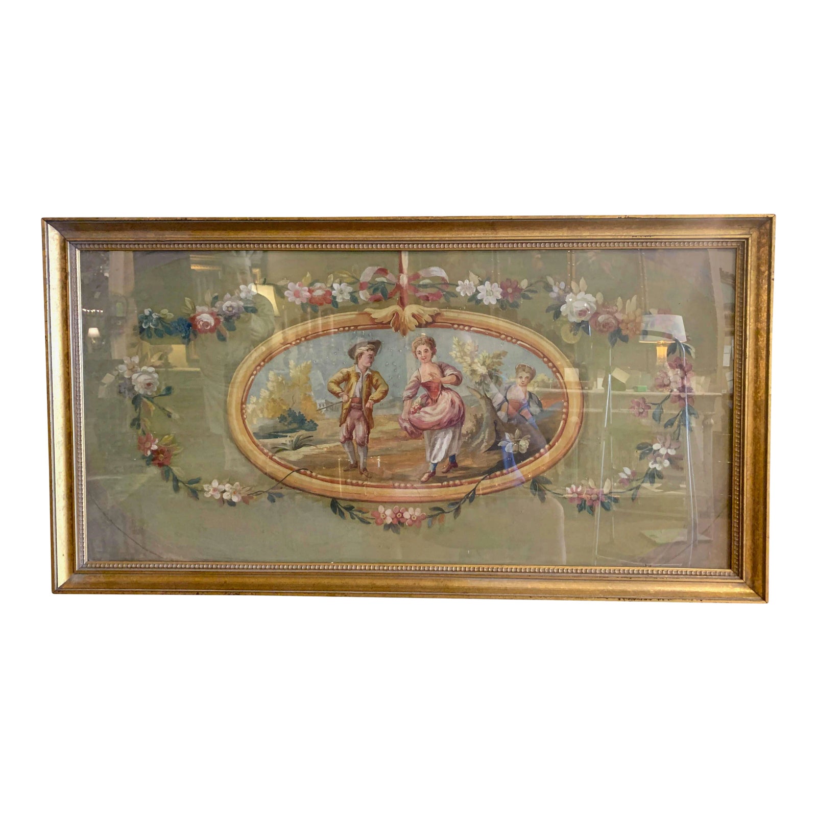 18th Century French Aubusson Courting Tapestry Gouache on Paper in Gilt ...