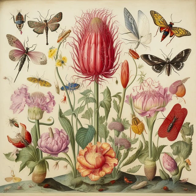 18' X 18' Framed 'Insects and Flowers' Watercolor Botanical Print #13 ...
