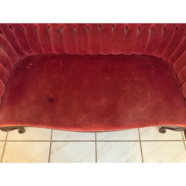 1940s Victorian Carved Mahogany Red Wine Velvet Parlor Settee | Chairish
